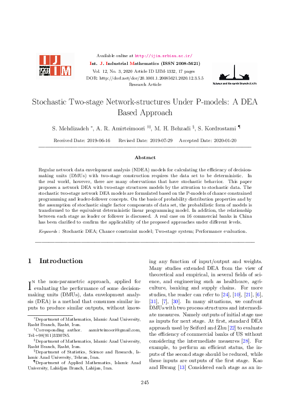 (PDF) Stochastic Two-stage Network-structures Under P-models: A DEA ...