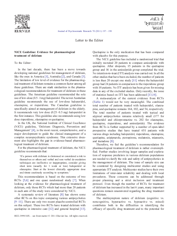 (PDF) NICE Guideline: Evidence for pharmacological treatment of delirium