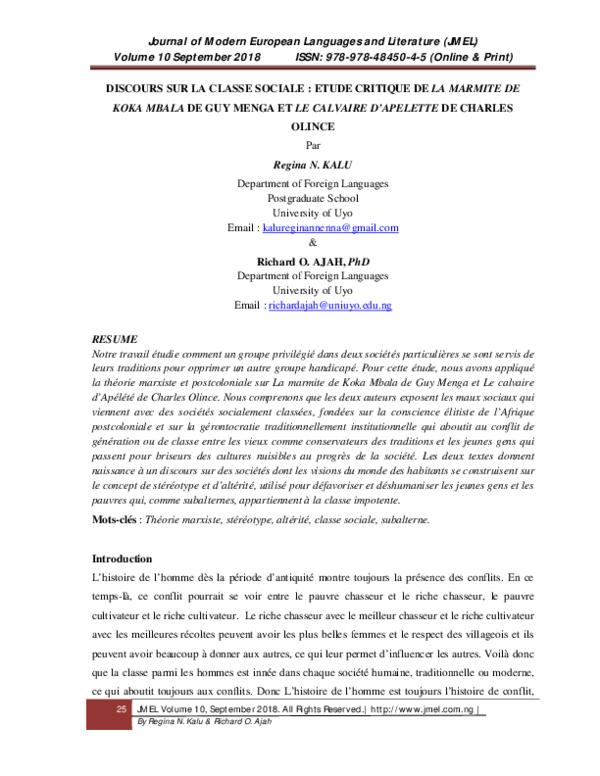 (PDF) Discours Sur La Classe Sociale : Etude Critique De La Marmite De ...