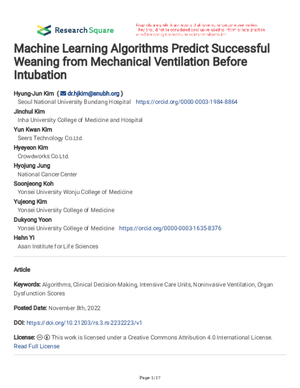 (PDF) Machine Learning Algorithms Predict Successful Weaning from Mechanical Ventilation Before ...