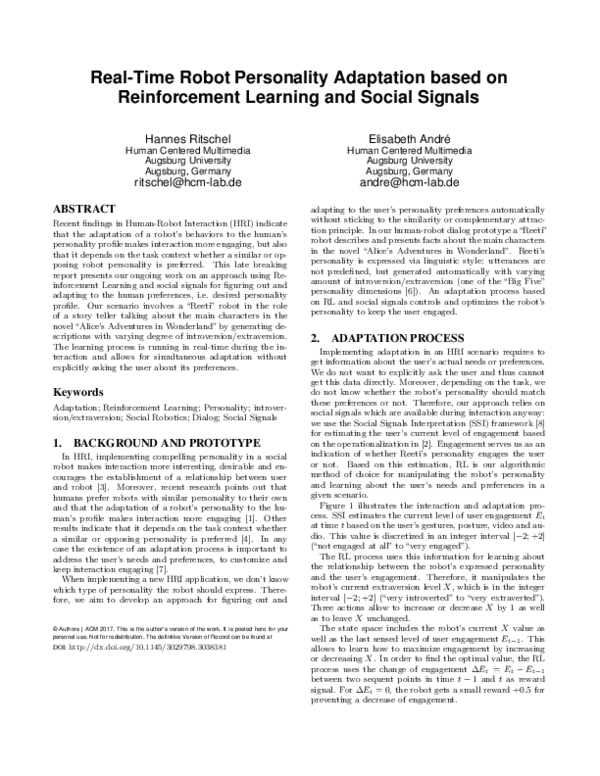(PDF) Real-Time Robot Personality Adaptation based on Reinforcement ...