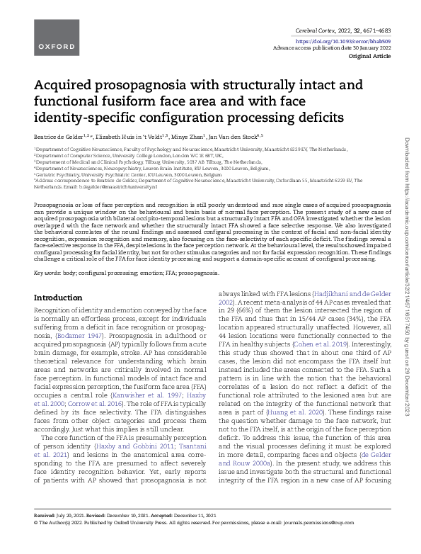 (PDF) Acquired prosopagnosia with structurally intact and functional ...