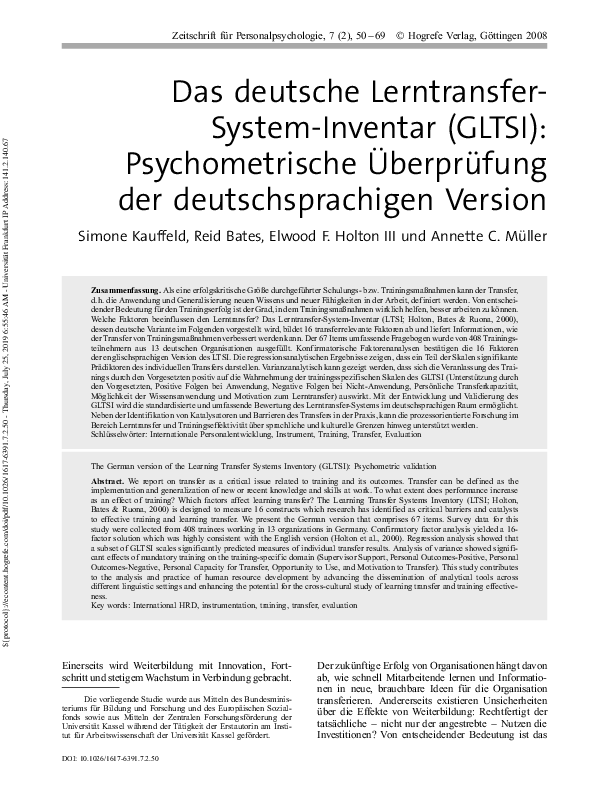 (PDF) Das deutsche Lerntransfer-System-Inventar (GLTSI ...