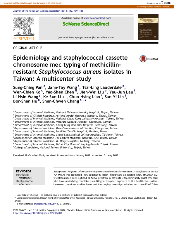 (PDF) Epidemiology and staphylococcal cassette chromosome mec typing of ...