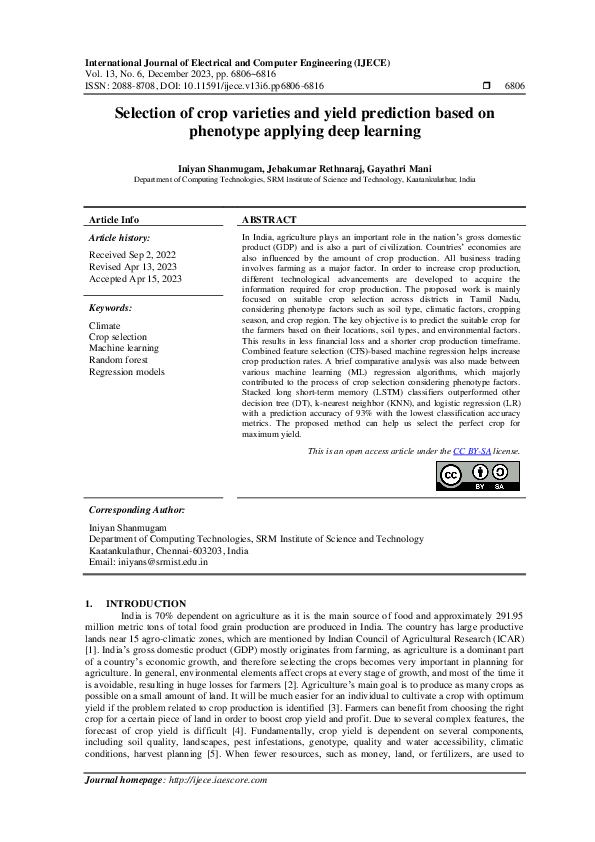 Pdf Selection Of Crop Varieties And Yield Prediction Based On Phenotype Applying Deep Learning