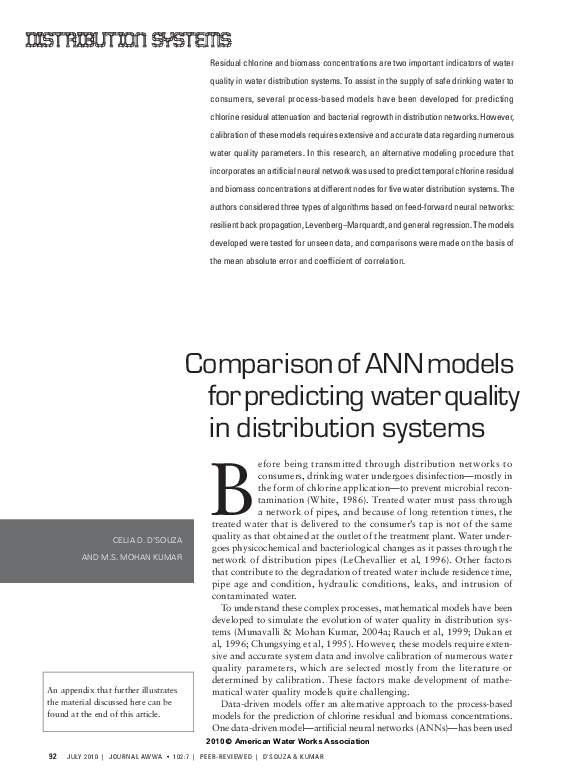 (PDF) Comparison of ANN models for predicting water quality in distribution systems