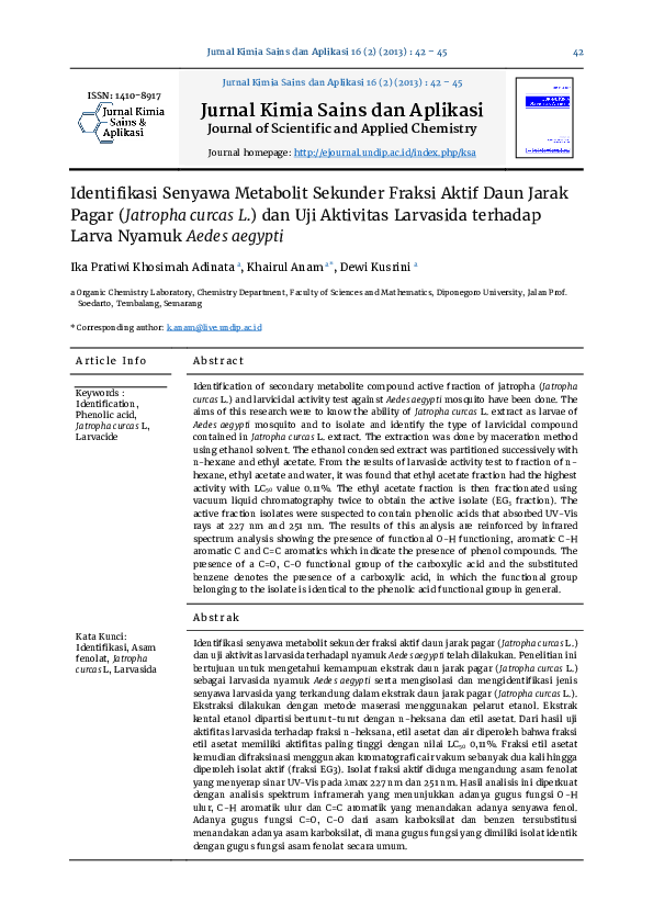 (PDF) Identifikasi Senyawa Metabolit Sekunder Fraksi Aktif Daun Jarak Pagar (Jatropha curcas L ...