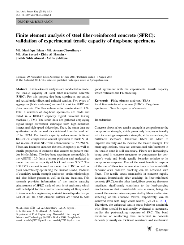 (PDF) Finite Element Analysis of Steel Fiber Reinforced Concrete (SFRC): Validation of ...