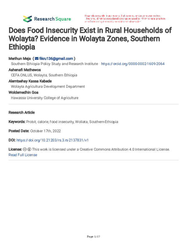 (PDF) Does Food Insecurity Exist in Rural Households of Wolayta ...
