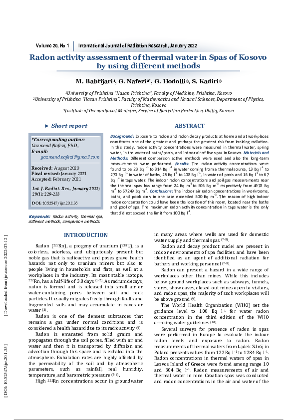 (PDF) Radon activity assessment of thermal water in Spas of Kosovo by ...