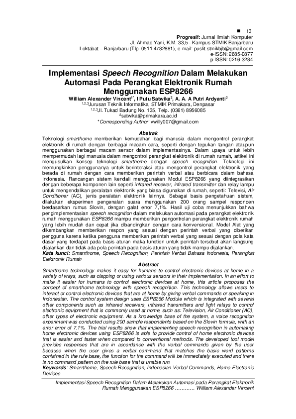 (PDF) Implementasi Speech Recognition Dalam Melakukan Automasi Pada Perangkat Elektronik Rumah ...