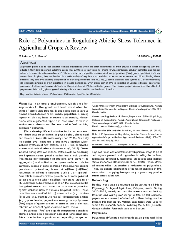 (PDF) Role of Polyamines in Regulating Abiotic Stress Tolerance in Agricultural Crops: A Review