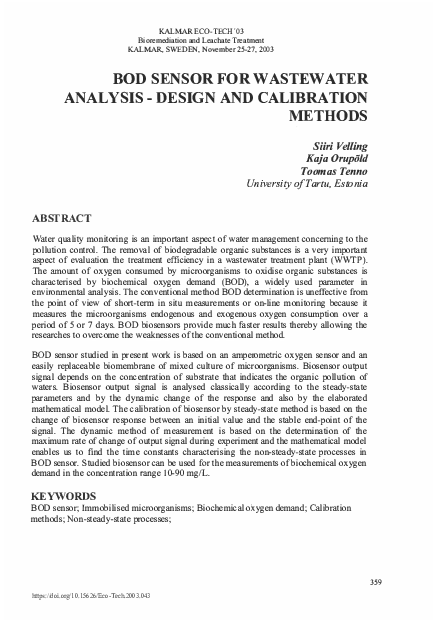 (PDF) Bod sensor for wastewater analysis- design and calibration methods
