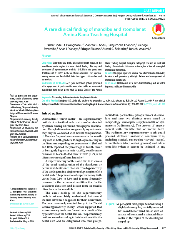 (PDF) A rare clinical finding of mandibular distomolar at Aminu Kano ...