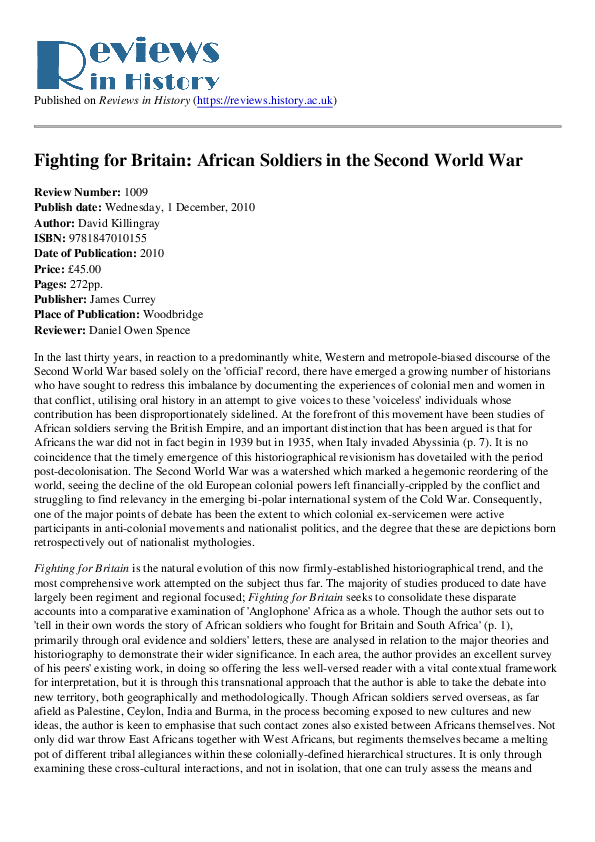 (PDF) Fighting for Britain: African Soldiers in the Second World War