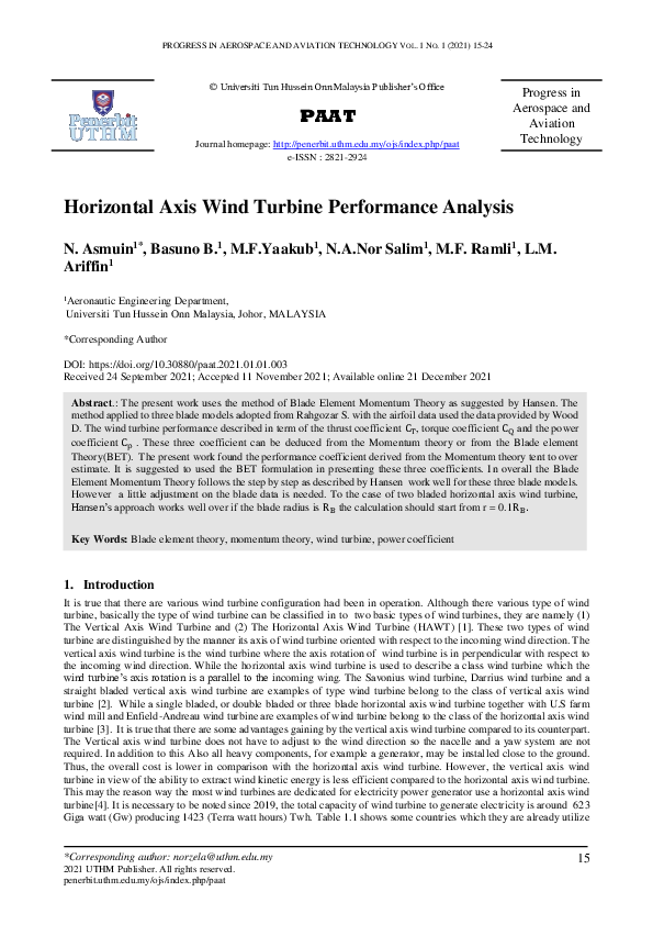 Pdf Horizontal Axis Wind Turbine Performance Analysis