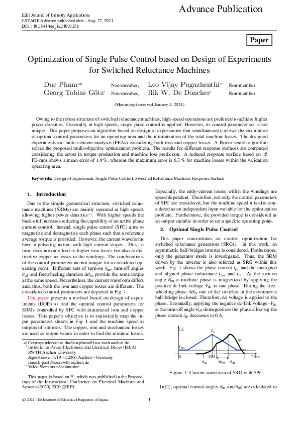(PDF) Optimization of Single Pulse Control based on Design of Experiments for Switched ...