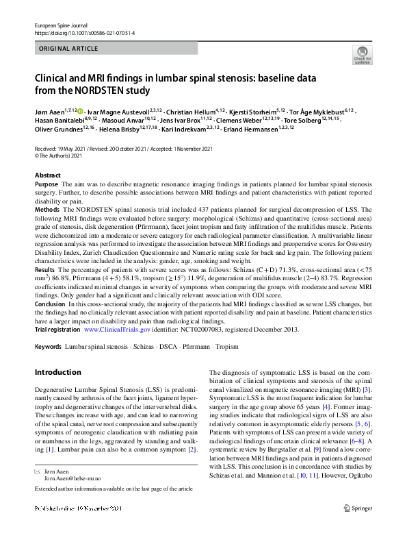 (PDF) Clinical and MRI findings in lumbar spinal stenosis: baseline ...