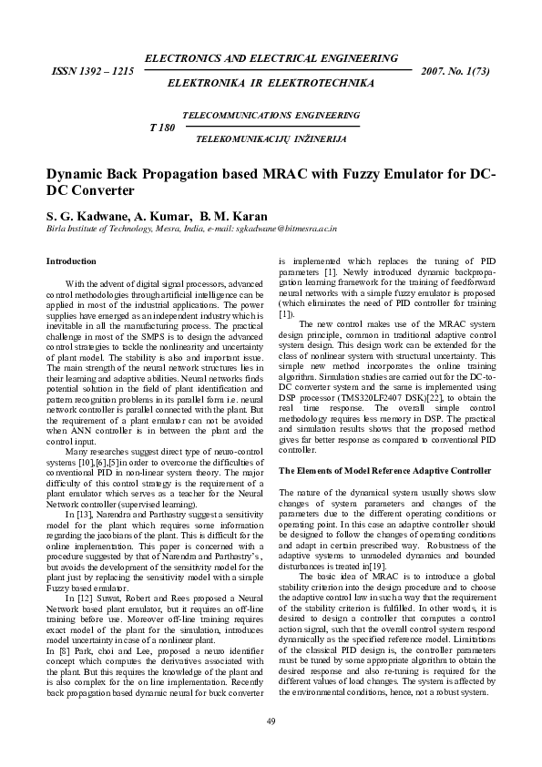 (PDF) Dynamic Back Propagation based MRAC with Fuzzy Emulator for DC-DC Converter