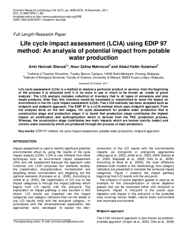 (PDF) Life cycle impact assessment (LCIA) using EDIP 97 method: An ...