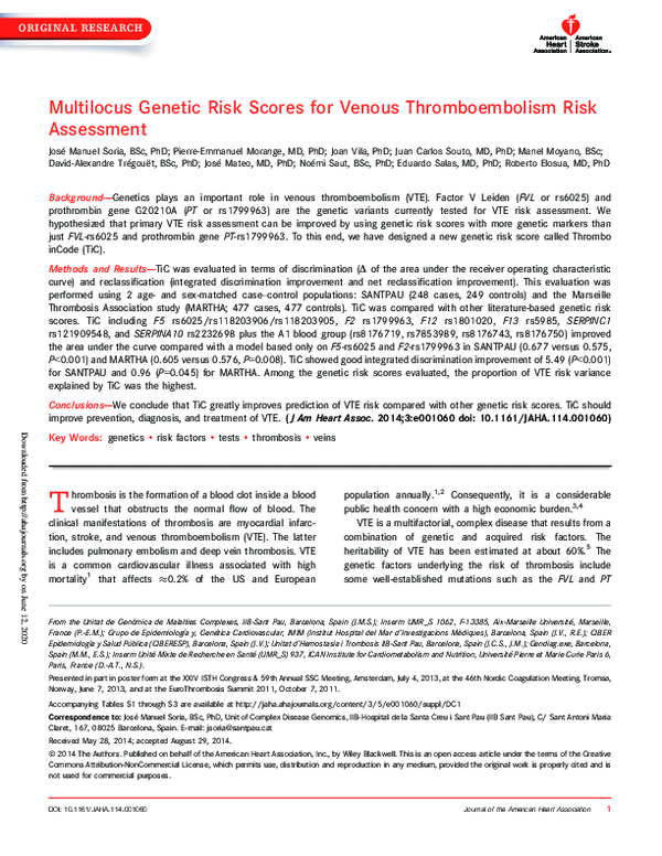 (PDF) Multilocus Genetic Risk Scores for Venous Thromboembolism Risk ...