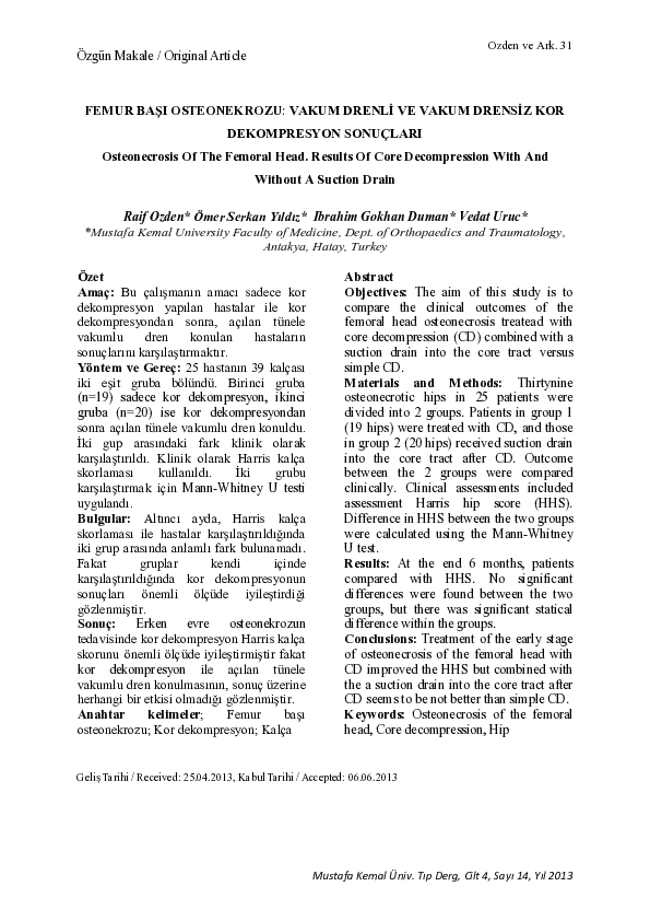 (PDF) FEMUR BAŞI OSTEONEKROZU: VAKUM DRENLİ VE VAKUM DRENSİZ KOR ...