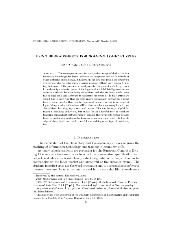(PDF) Using Spreadsheets for Solving Logic Puzzles