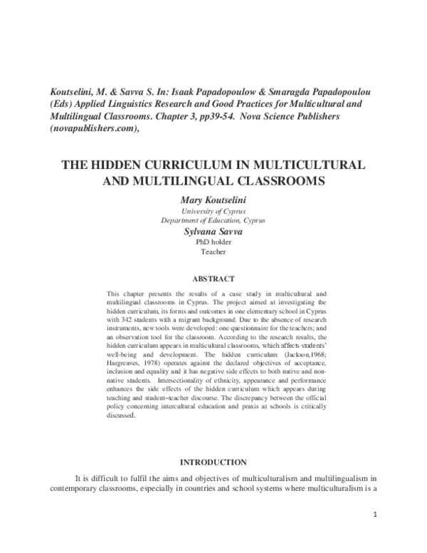 (PDF) THE HIDDEN CURRICULUM IN MULTICULTURAL AND MULTILINGUAL CLASSROOMS