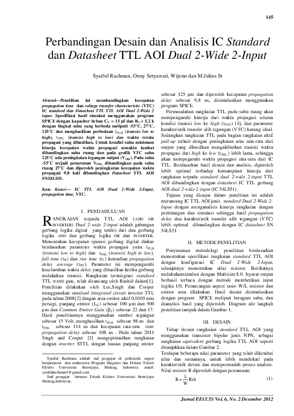 (PDF) Perbandingan Desain dan Analisis IC Standard dan Datasheet TTL AOI Dual 2-Wide 2-Input