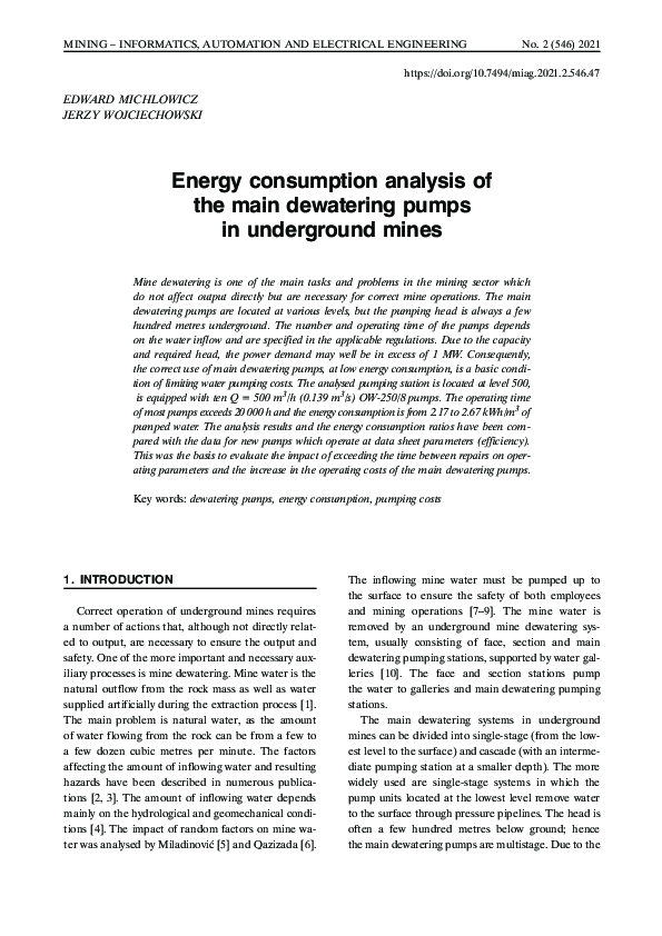 (PDF) Energy consumption analysis of the main dewatering pumps in underground mines
