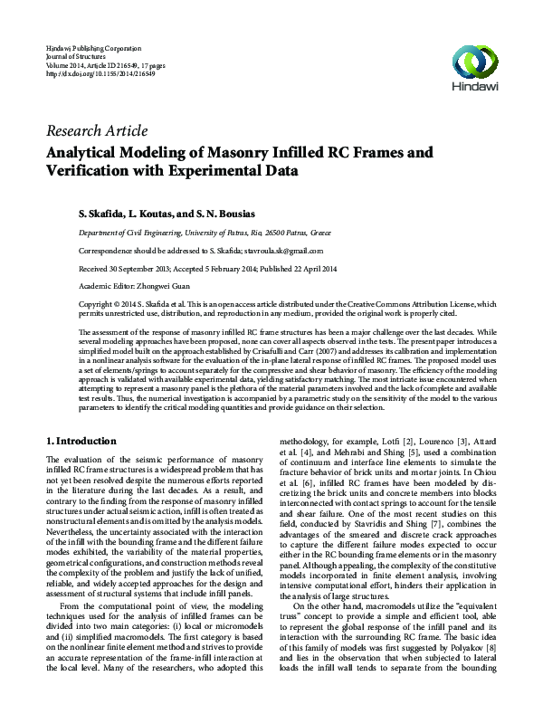 (PDF) Analytical Modeling of Masonry Infilled RC Frames and Verification with Experimental Data