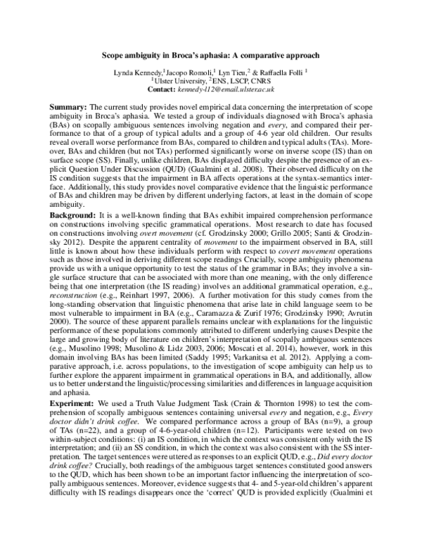 (PDF) Scope ambiguity in Broca’s aphasia: A comparative approach | Lynda Kennedy - Academia.edu