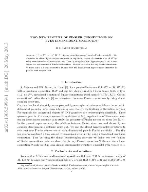 (PDF) Two new families of Finsler connections on even-dimensional manifolds