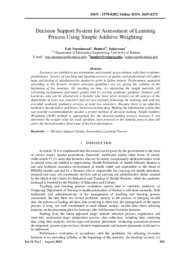 (PDF) Decision Support System for Assessment of Learning Process Using Simple Additive Weighting ...