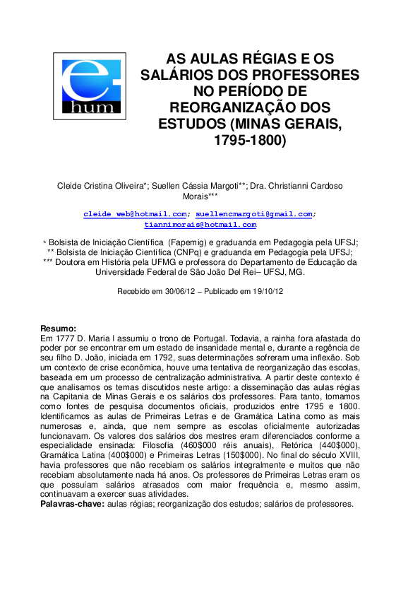 (PDF) As Aulas Régias e Os Salários Dos Professores No Período De ...
