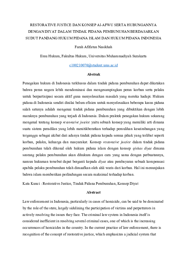 (DOC) RESTORATIVE JUSTICE DAN KONSEP Al-AFWU SERTA HUBUNGANNYA DENGAN DIYAT DALAM TINDAK PIDANA ...