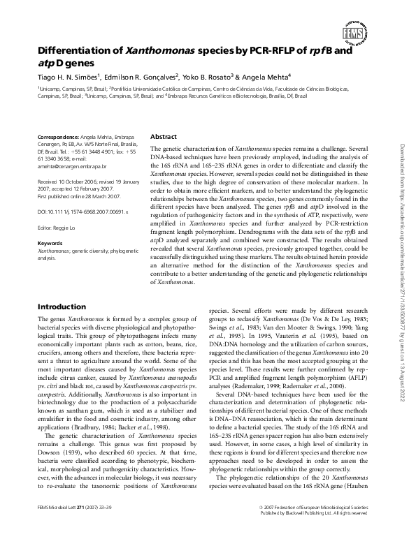 (PDF) Differentiation of Xanthomonas species by PCR-RFLP of rpfB and ...