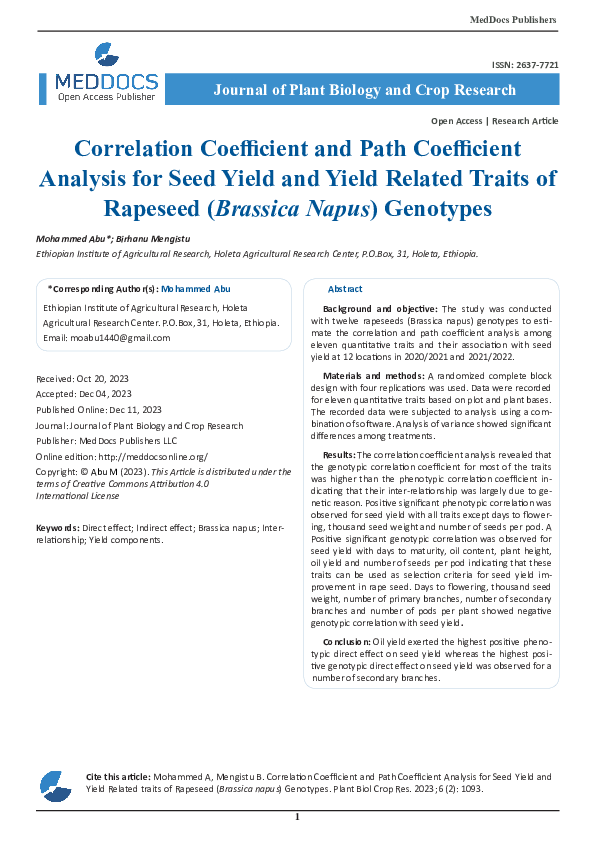 Pdf Correlation Coefficient And Path Coefficient Analysis For Seed Yield And Yield Related