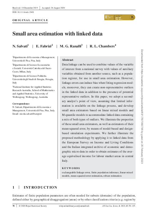 (PDF) Small Area Estimation with Linked Data | Maria Giovanna Ranalli - Academia.edu