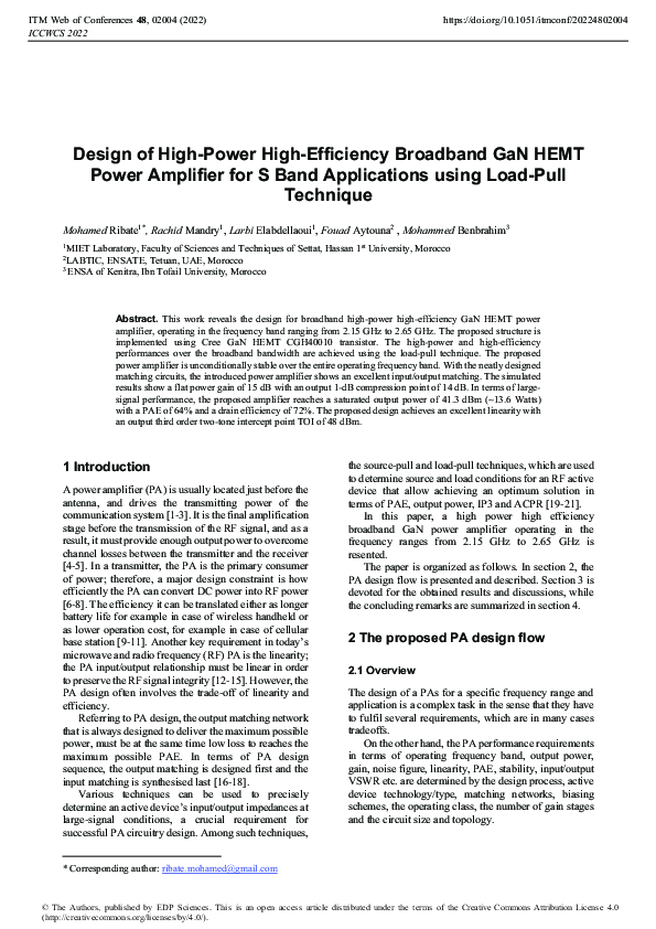 (PDF) Design of High-Power High-Efficiency Broadband GaN HEMT Power Amplifier for S Band ...