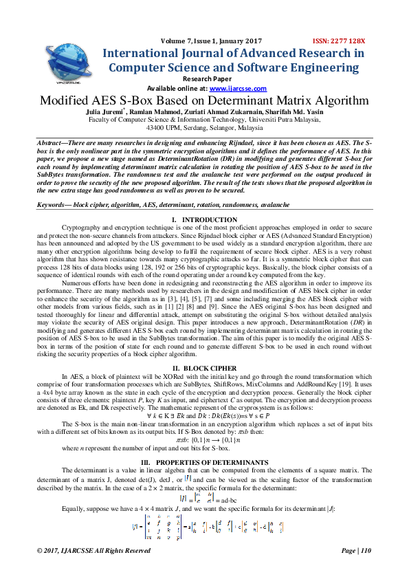 (PDF) Modified AES S-Box Based on Determinant Matrix Algorithm