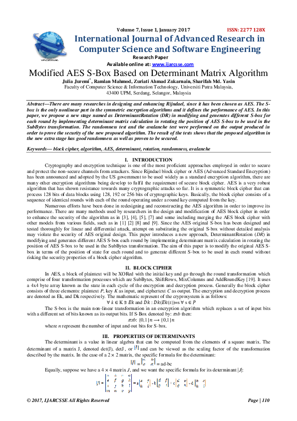 (PDF) Modified AES S-Box Based on Determinant Matrix Algorithm