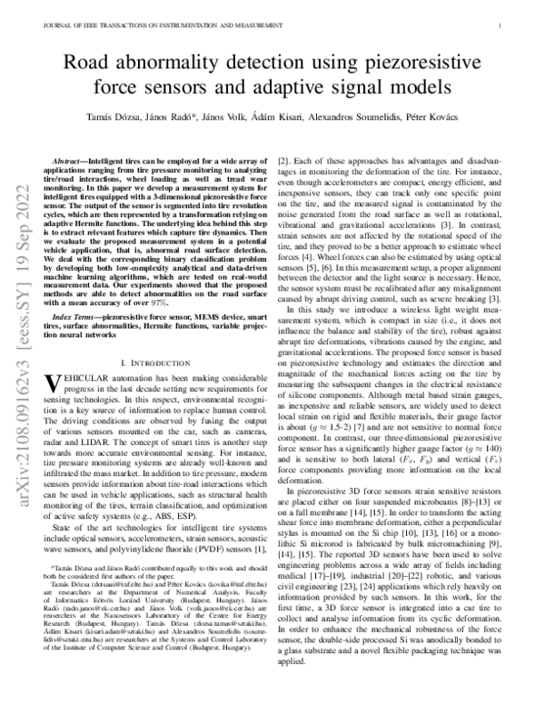 (PDF) Abnormal Road Surface Detection Using Wheel Sensor Data