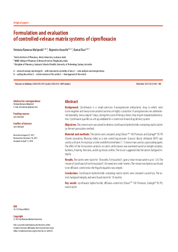 Pdf Formulation And Evaluation Of Controlled Release Matrix Systems Of Ciprofloxacin