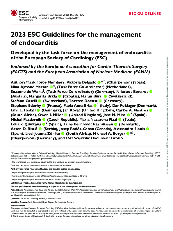 (PDF) 2023 ESC Guidelines for the management of endocarditis | Irena ...