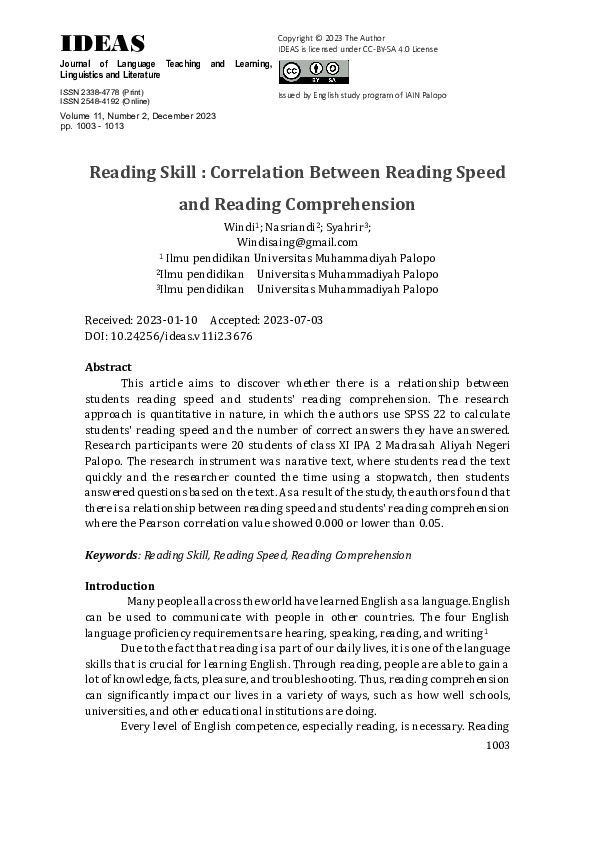 (PDF) Reading Skill : Correlation Between Reading Speed and Reading Comprehension