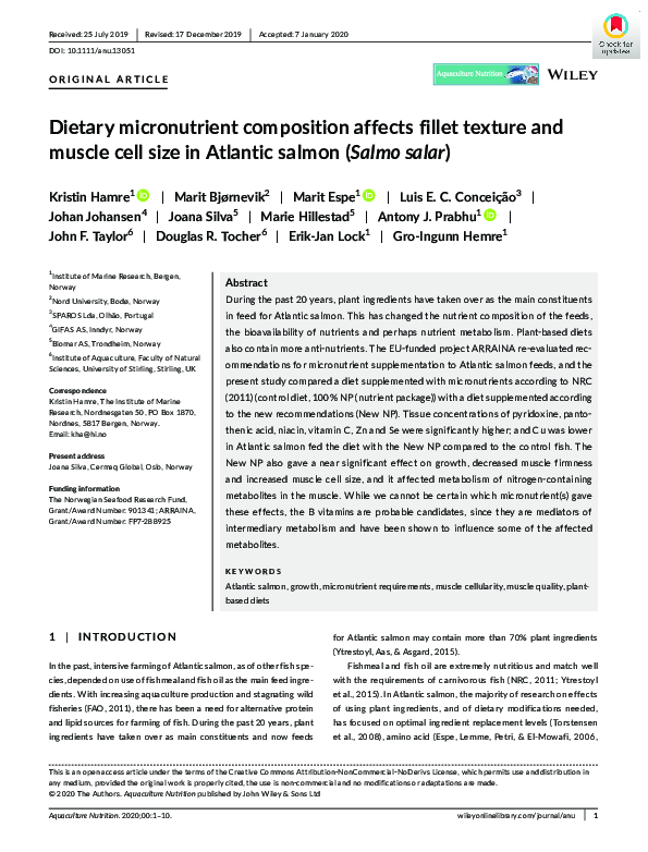 (PDF) Dietary micronutrient composition affects fillet texture and ...