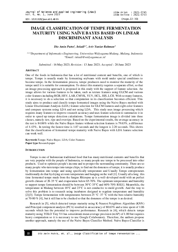 (PDF) Image Classification of Tempe Fermentation Maturity Using Naïve Bayes Based on Linear ...