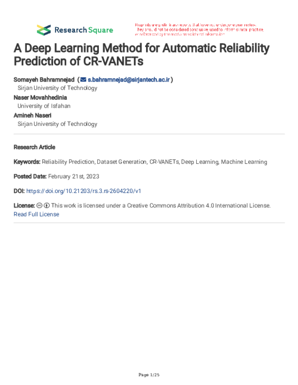 (PDF) A Deep Learning Method for Automatic Reliability Prediction of CR-VANETs