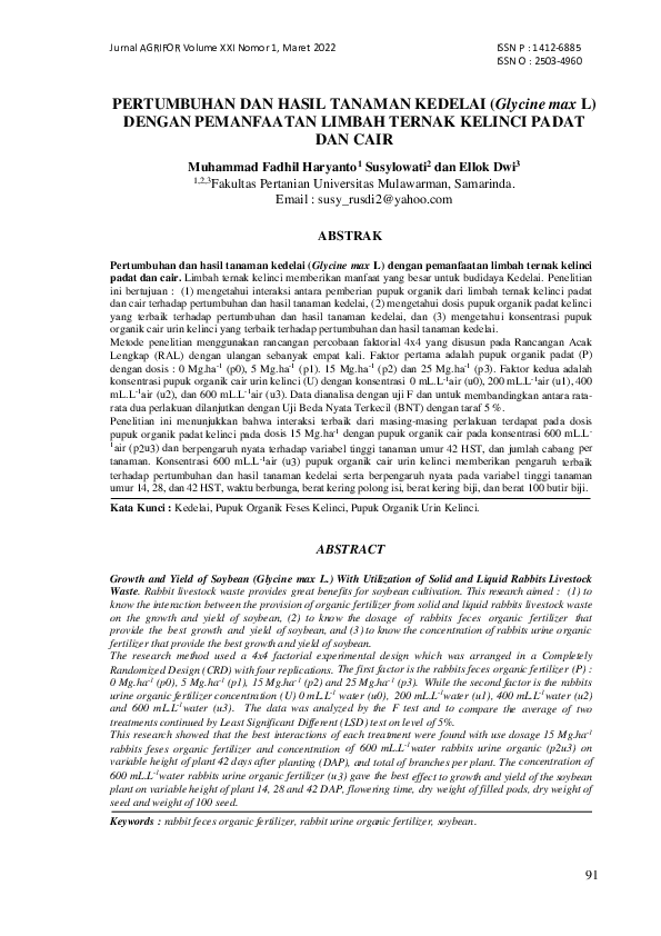 (PDF) PERTUMBUHAN DAN HASIL TANAMAN KEDELAI (Glycine max L) DENGAN PEMANFAATAN LIMBAH TERNAK ...